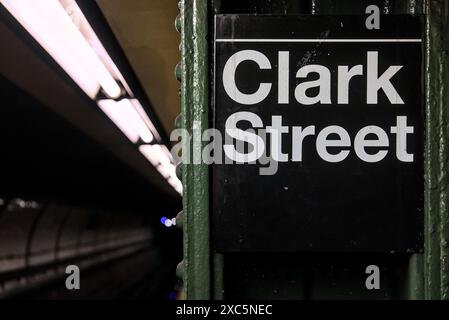 Clark Street sign on subway post in Brooklyn New York metro train ...