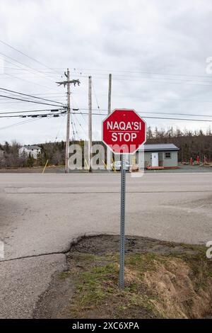 Bilingual stop sign in Potlotek, Nova Scotia, Canada Stock Photo - Alamy