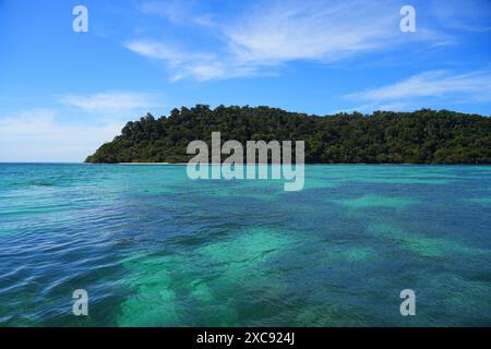 Jungle of Koh Rok Noi island above the transparent turquoise waters of ...