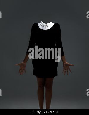 Art, identity and headless woman in surreal studio with creative ...