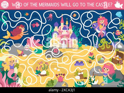 Mermaid maze for kids with treasure chest, seaweeds, anchor. Marine ...