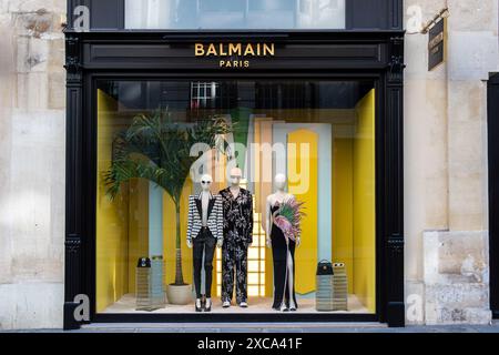 Sign and logo of a Balmain boutique in Paris, France. Balmain is a ...