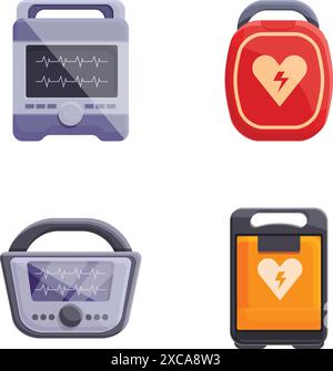 Defibrillator machine icons set cartoon vector. Automated external ...