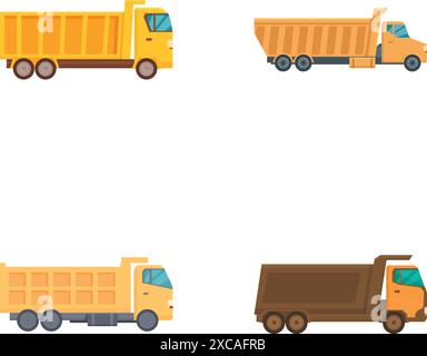 Collection of four stylized cartoon dump trucks in various colors ...