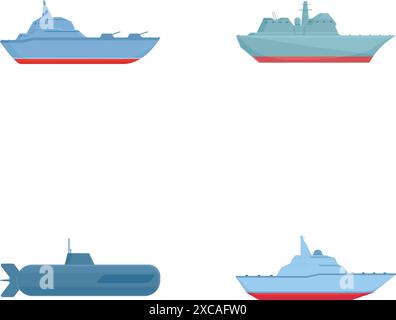 Collection of four stylized cartoon ships and submarine, perfect for ...