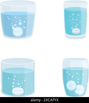 Vector set depicting a tablet dissolving in water glasses, showing ...