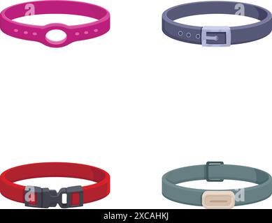 Illustration displaying four different styles and colors of dog collars ...