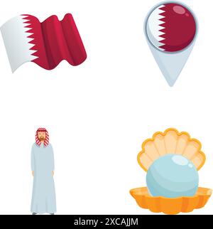 Collection of qatari cultural icons, including the flag, map pin ...