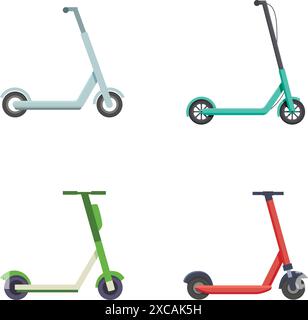 Collection of four kick scooters in different colors isolated on a ...
