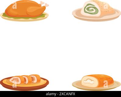Set of four delicious cartoon dishes, featuring roast chicken, roll ...