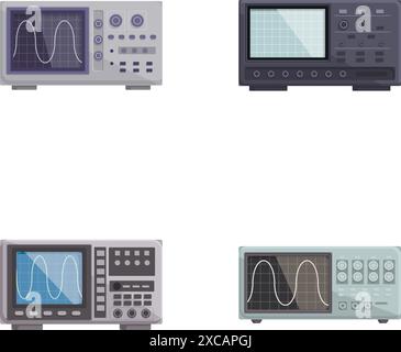 Four digital oscilloscopes with varying displays and controls, isolated ...
