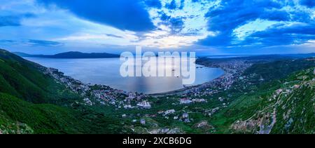 Aerial image of Vlora coastline in southern Albania at sunset time ...