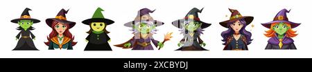 Set of cartoon witches with pointed hats and robes, isolated on a white ...