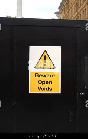 London, UK. 'Beware Open Voids' sign near Charing Cross Station, 2024 ...