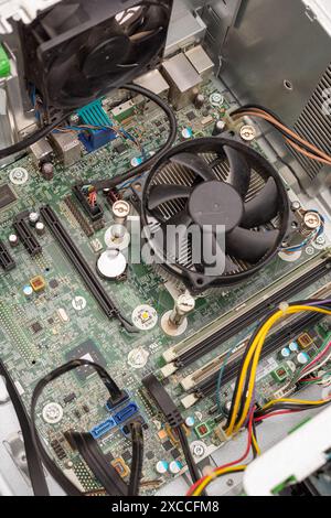 Desktop PC motherboard integrated cooling system radiator close-up ...
