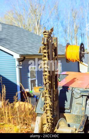 Trencher cable plow tractor is used to lay fiber optic cables Stock ...