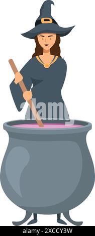Cartoon illustration of a witch stirring concoction in the cauldron in ...