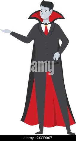 Spooky vampire businessman in a suit with fangs and a cape is floating ...