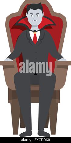 Spooky vampire businessman in a suit with fangs and a cape is floating ...