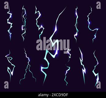 Cartoon lightning effect. Electricity discharge, bright thunderbolt hit ...