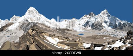 Illustration of Mount Everest and Nuptse peak as seen from Kala Patthar, Nepal Himalayas ...