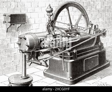 Gas engine, Carl Benz system. Old 19th century engraved illustration ...
