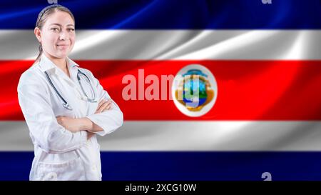 Female doctor with crossed arms with Costa Rican flag in the background ...