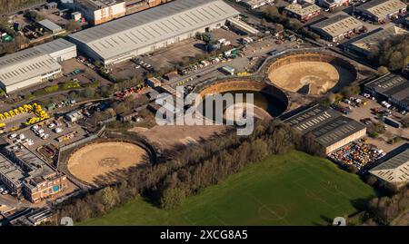 Aerial photo showing 3 demolished gasometers with bases being filled in ...