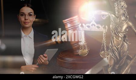 Multiple exposure of lawyer, Lady Justice figure and gavel. Banner ...