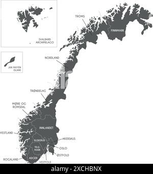 Vector regional map of Norway with counties and territories, and ...