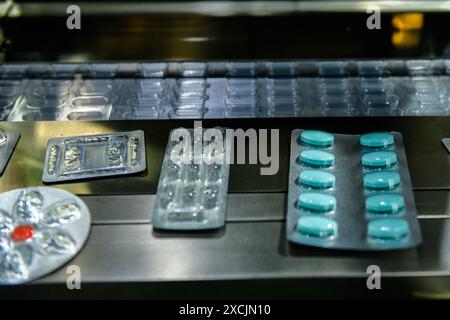 Medicine pills during production line and packing process on modern ...