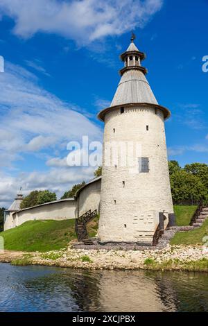 Vertical landscape photo with Kremlin of Pskov, Russia. Stone towers ...