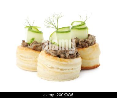 Delicious puff pastry with mushrooms, cucumber and dill isolated on ...