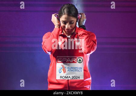 Ewa Swoboda of Poland attends the medal ceremony of the 100m women ...