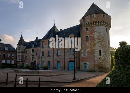 Town hall of Gacé, in the medieval castel, on a spring evening, Orne ...