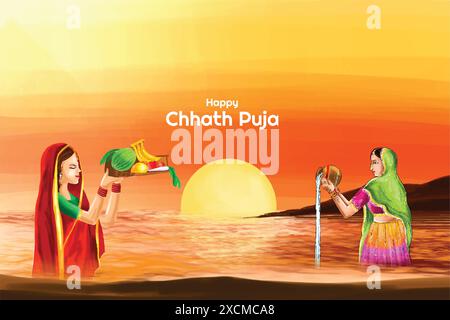Chhath pooja to sun god in traditional festival landscape card ...