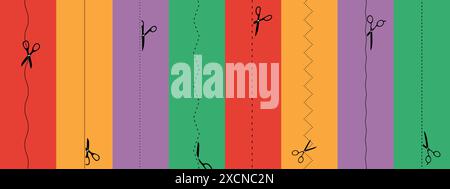 Scissors with cut dotted, curved, zigzag and straight lines. Vector ...