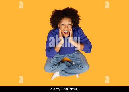 Portrait of impressed ecstatic astonished guy dressed green pullover ...