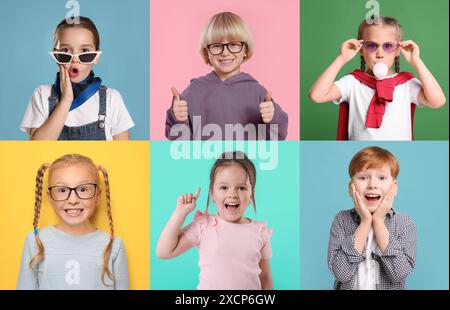 Adorable children on different color backgrounds. Collage of photos ...