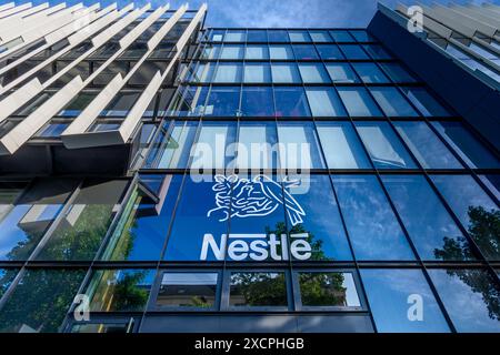 Entrance to the French headquarters building of Nestlé. Nestlé is a ...