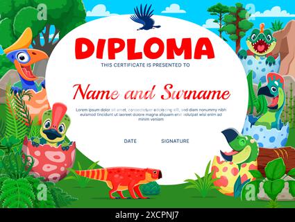 Kids diploma with prehistoric dinosaurs or funny dino characters ...