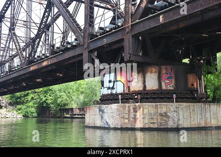 Close up of the rotating center bridge support of the Illinois Central ...