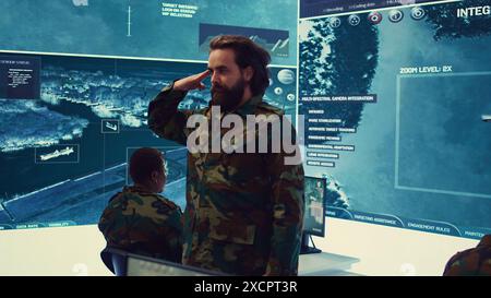Sergeant presenting his salute with respect for the colonel and high ...
