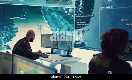 Woman army officer coordinating special operations mission in command ...