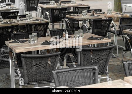 Outdoor scenery with tables and chairs seen in Normandy, France Stock ...