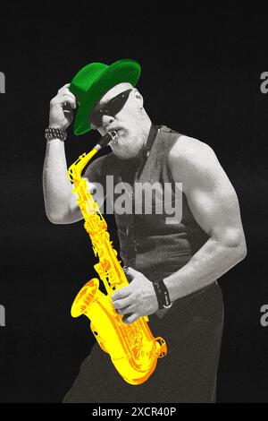 Contemporary art collage. Poster for art events. Jazzman dressed ...