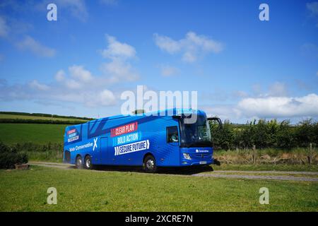 The Conservative Party battle bus arrives at a farm in Devon, while on ...