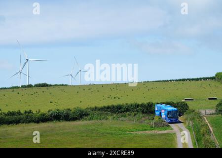 The Conservative Party battle bus arrives at a farm in Devon, while on ...