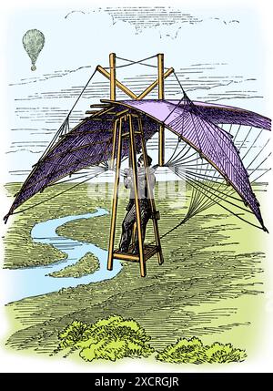 Wood engraving of a man flying in a frame with wings attached, c. 1874 ...