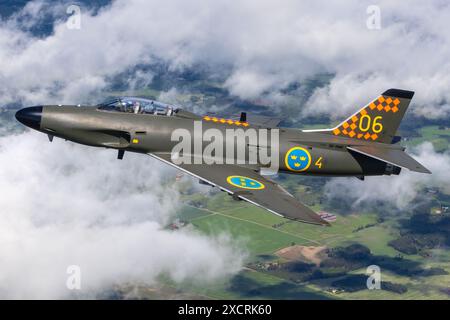 The Saab Lansen J-32B, a Swedish jet fighter and attack aircraft, shown ...